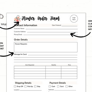 EDITABLE Floral Order Form, Florist Order Form, Custom Flower Order ...