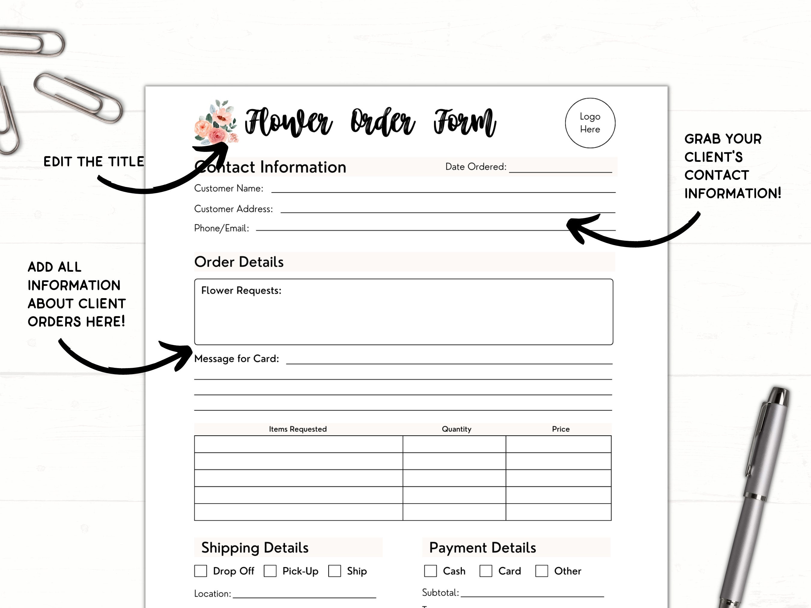 EDITABLE Floral Order Form, Florist Order Form, Custom Flower Order ...