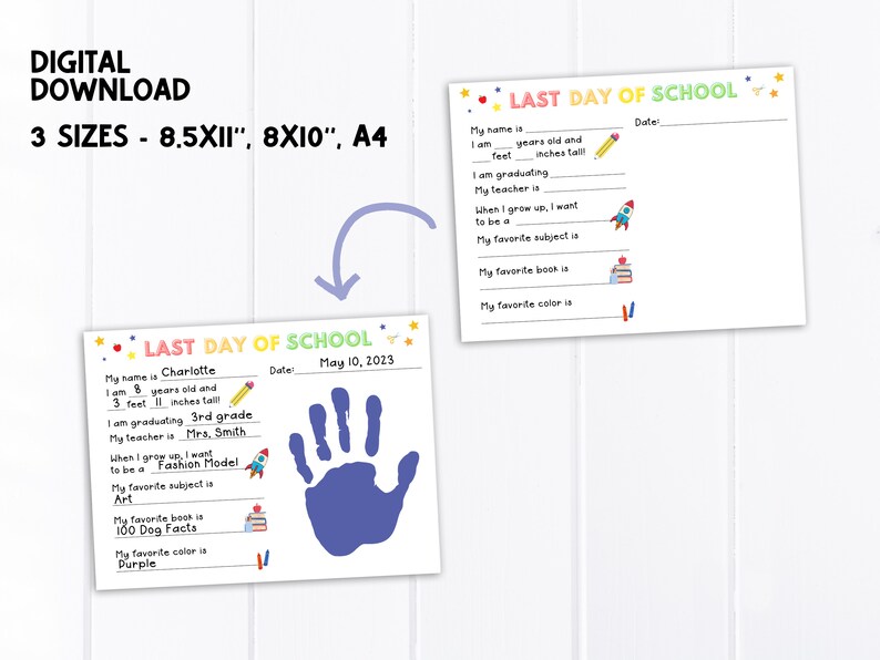 FIRST AND LAST Day of School Craft Handprint Back to School Memory ...