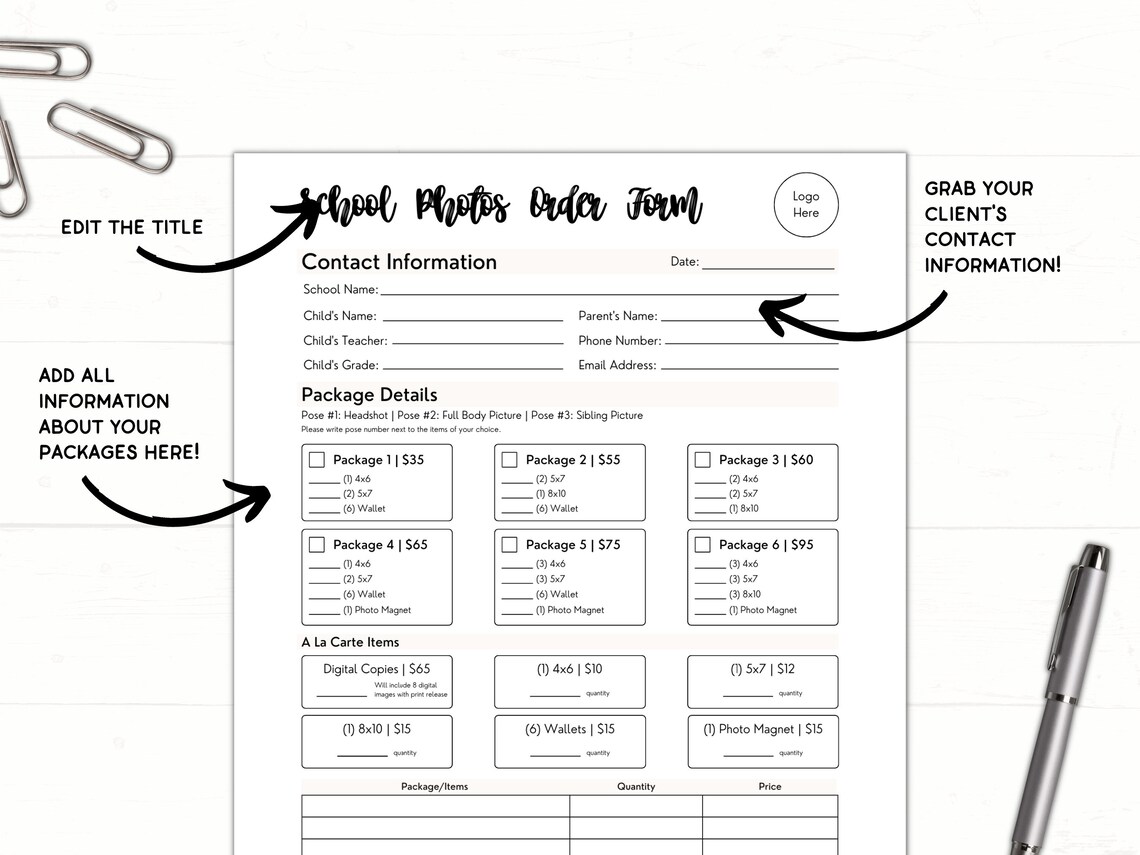 EDITABLE School Photography Order Form, School Order Form, Printable ...