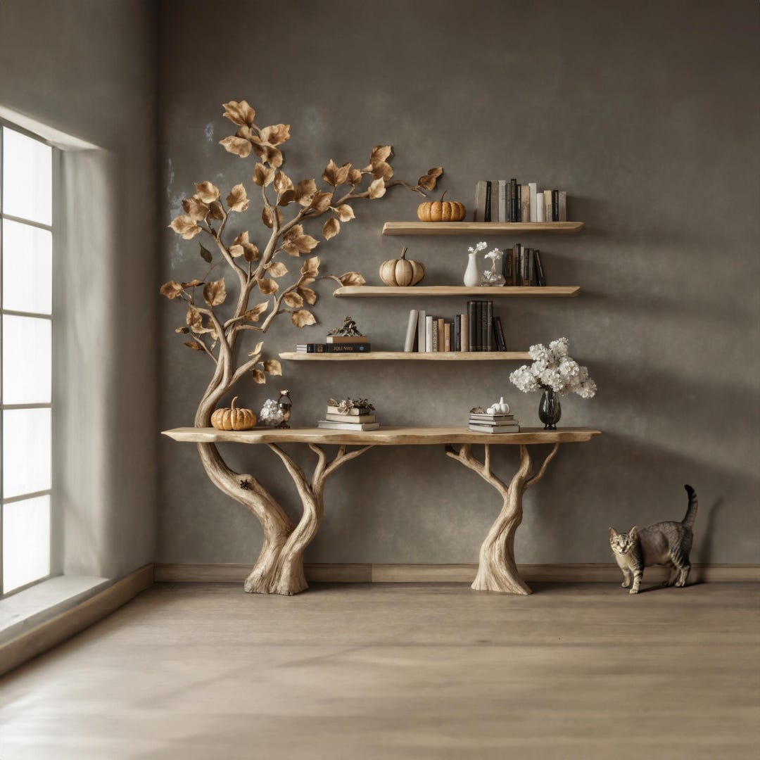 Custom Driftwood Narrow Console Table With Tree Shaped Bookshelf Living ...
