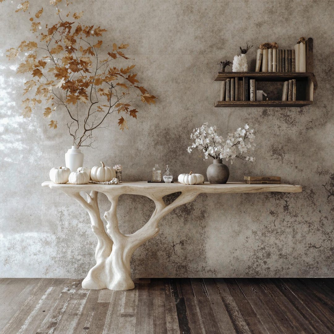 Narrow Driftwood Console Table With Branch Bookshelf, Driftwood Console ...