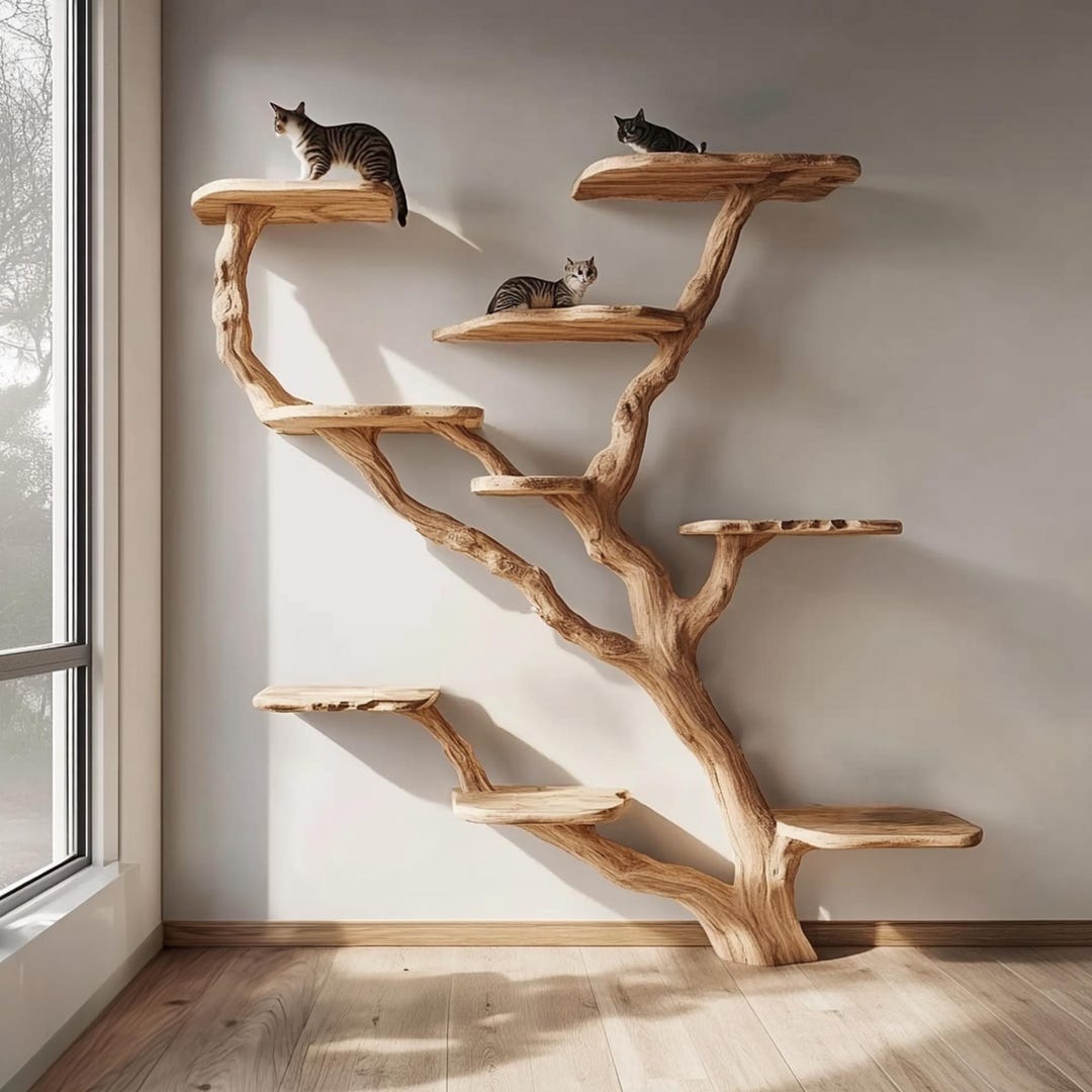 Natural Solid Wood Cat Tree Stylish Cat Furniture, Cat House, Cat Tree for Large Cats Modern Cat ...