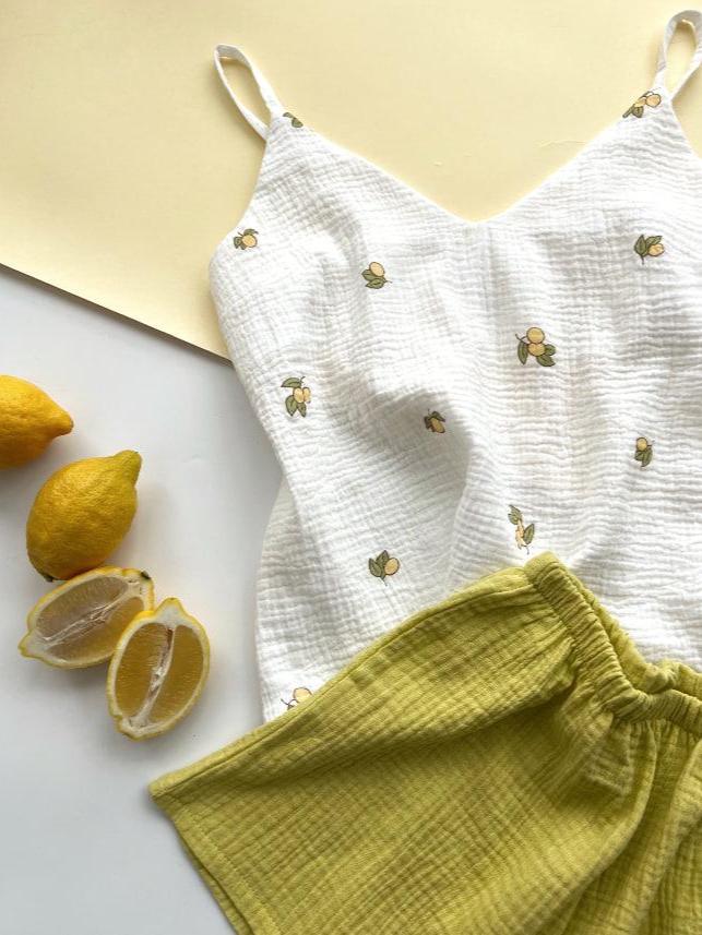 100% Cotton Muslin Lemon Pajama Set, Lightweight Summer Sleepwear ...