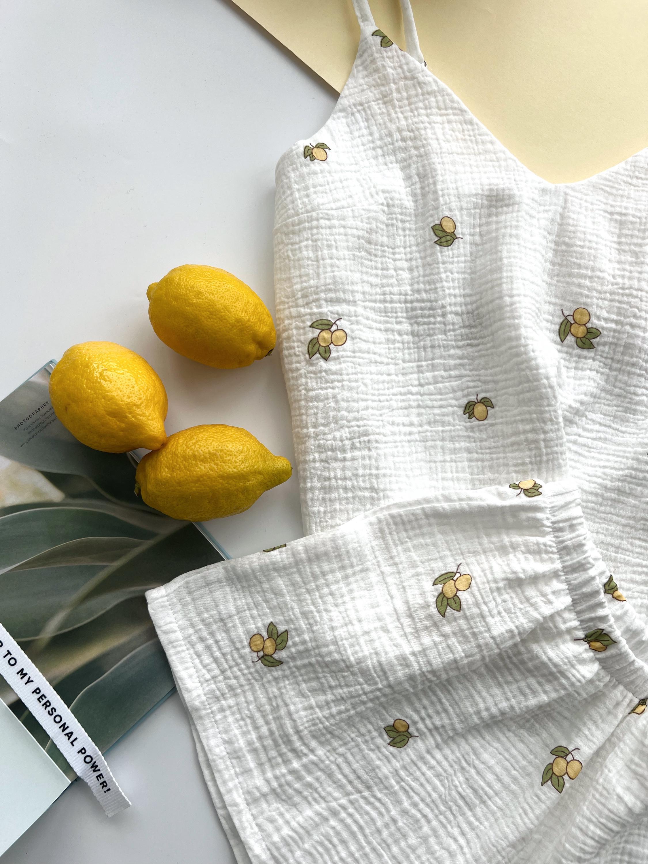 100% Cotton Muslin Lemon Pajama Set, Lightweight Summer Sleepwear ...