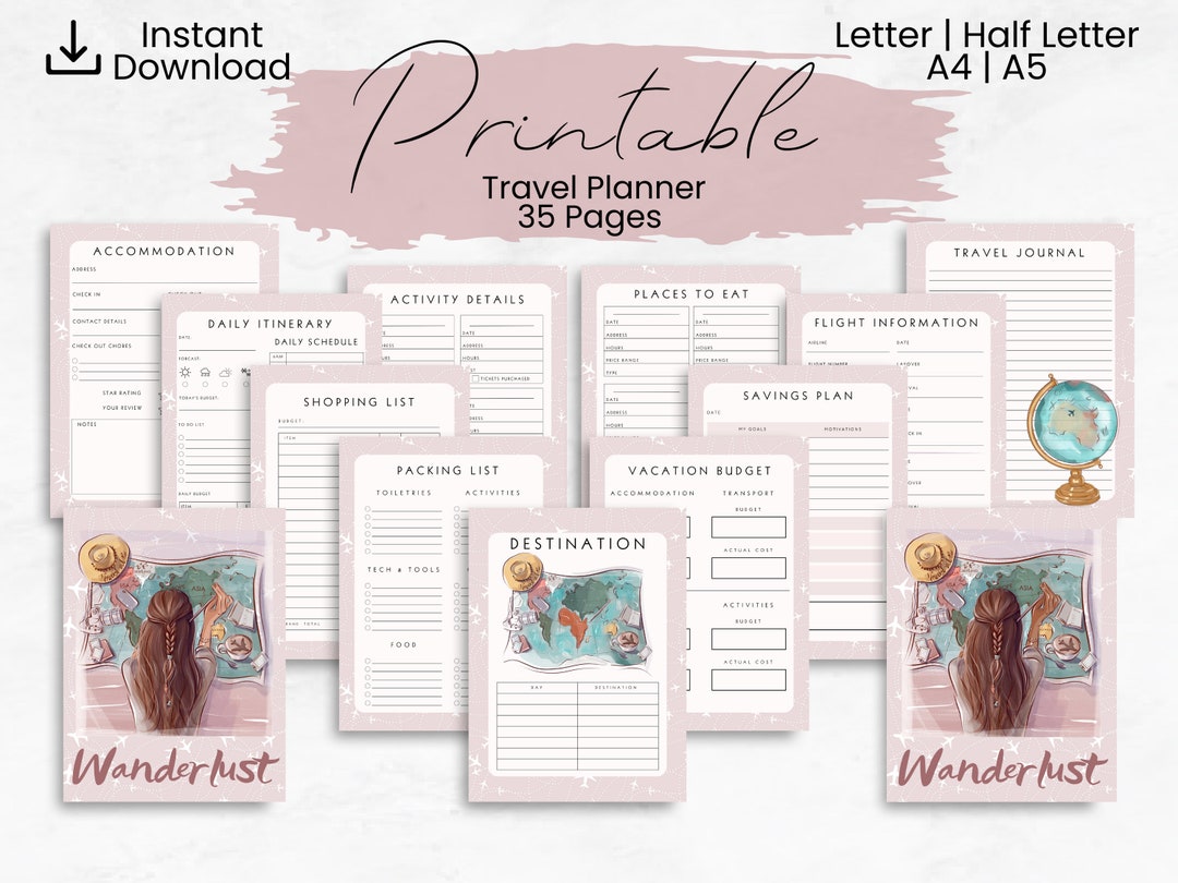 Wanderlust Travel Vacation Printable Planner, Letter, A4, Half Letter ...