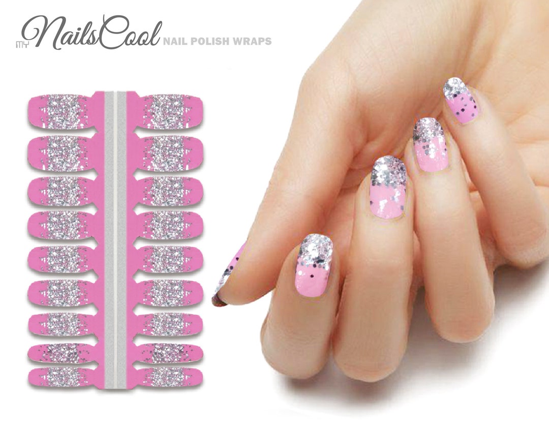 Silver Glitter Sequin Ombre Gradient Pink Color Real Nail Polish Strips ...