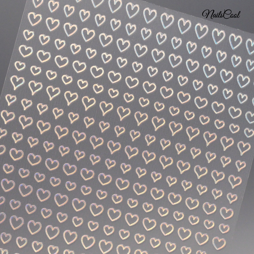 Silver Holographic Heart Nail Stickers 3D Small Hollow Heart Nail ...