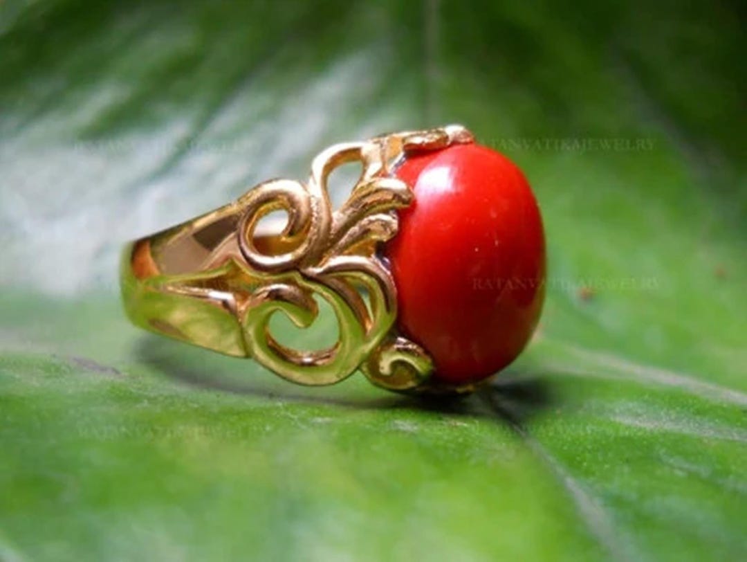 Natural Coral Ring, 18k Gold Plated, 925 Sterling Silver Ring ...