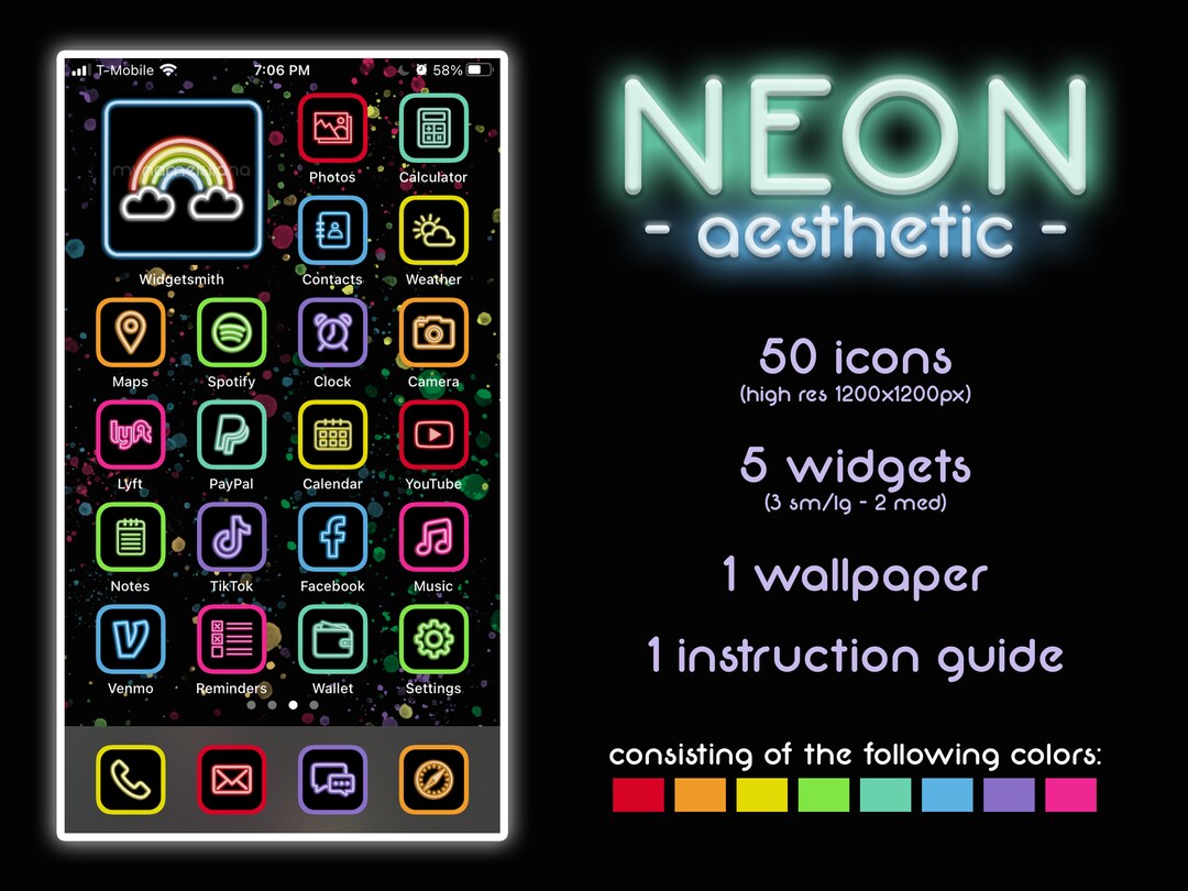 Bright Neon Rainbow App Icons Ios 14 | 50 Icons, 5 Widgets, Wallpaper ...
