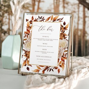 Autumn Wedding Bar Sign Template, Drinks Menu Table Signage, Bridal ...