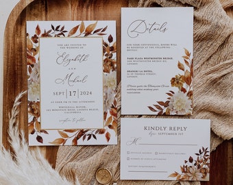BOHO Fall Wedding Invitation Template, Autumn Leaves and Greenery ...