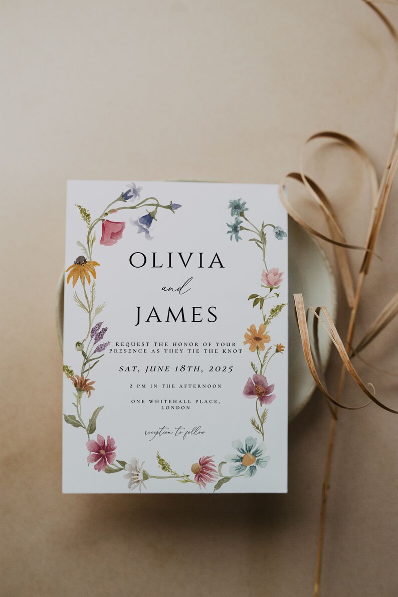 Wildflower Wedding Invitation Card Template Summer Spring - Etsy