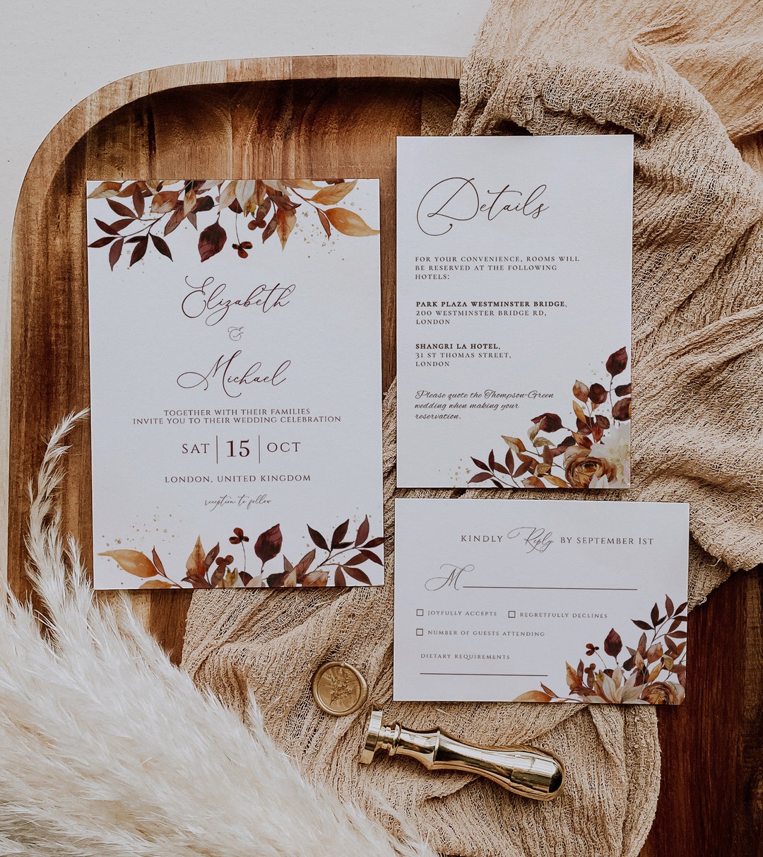 BOHO Fall Wedding Invitation Template, Autumn Leaves and Greenery ...