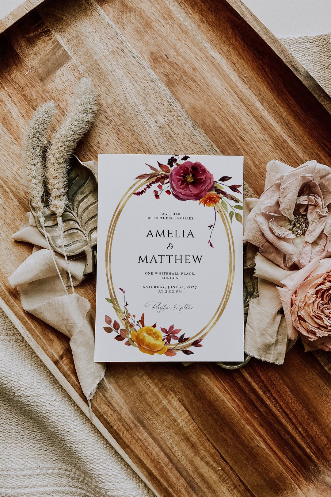 Fall Autumn Wedding Invitation Card Template, Autumn Leaves Editable ...