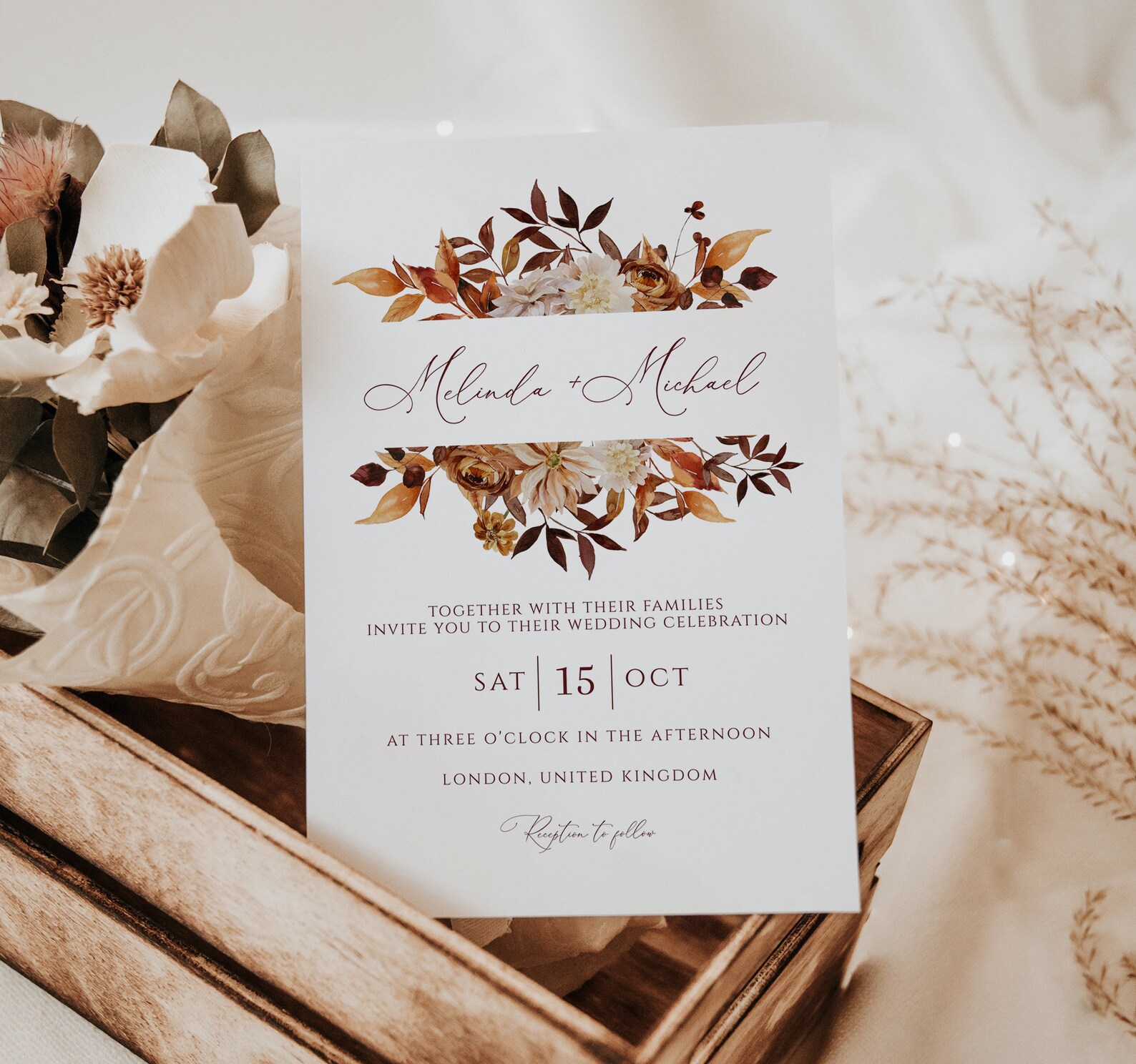 Rustic Fall Wedding Invitation Template Autumn Leaves and | Etsy