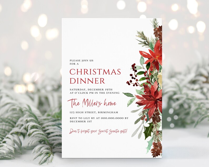 Christmas Floral Invitation Printable, Editable Holly Christmas ...