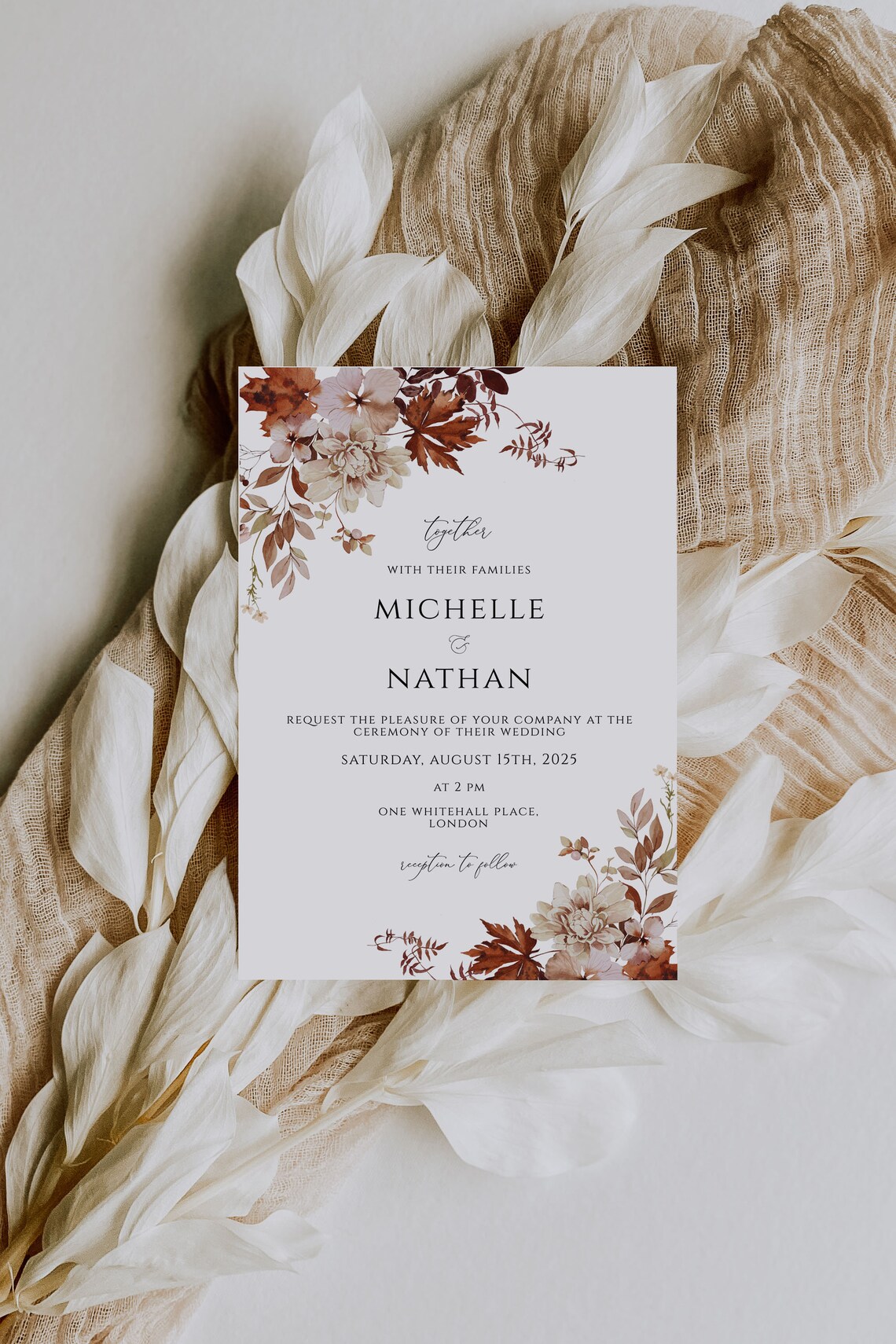 Rustic Fall Wedding Invitation Template, Autumn Floral (download ...