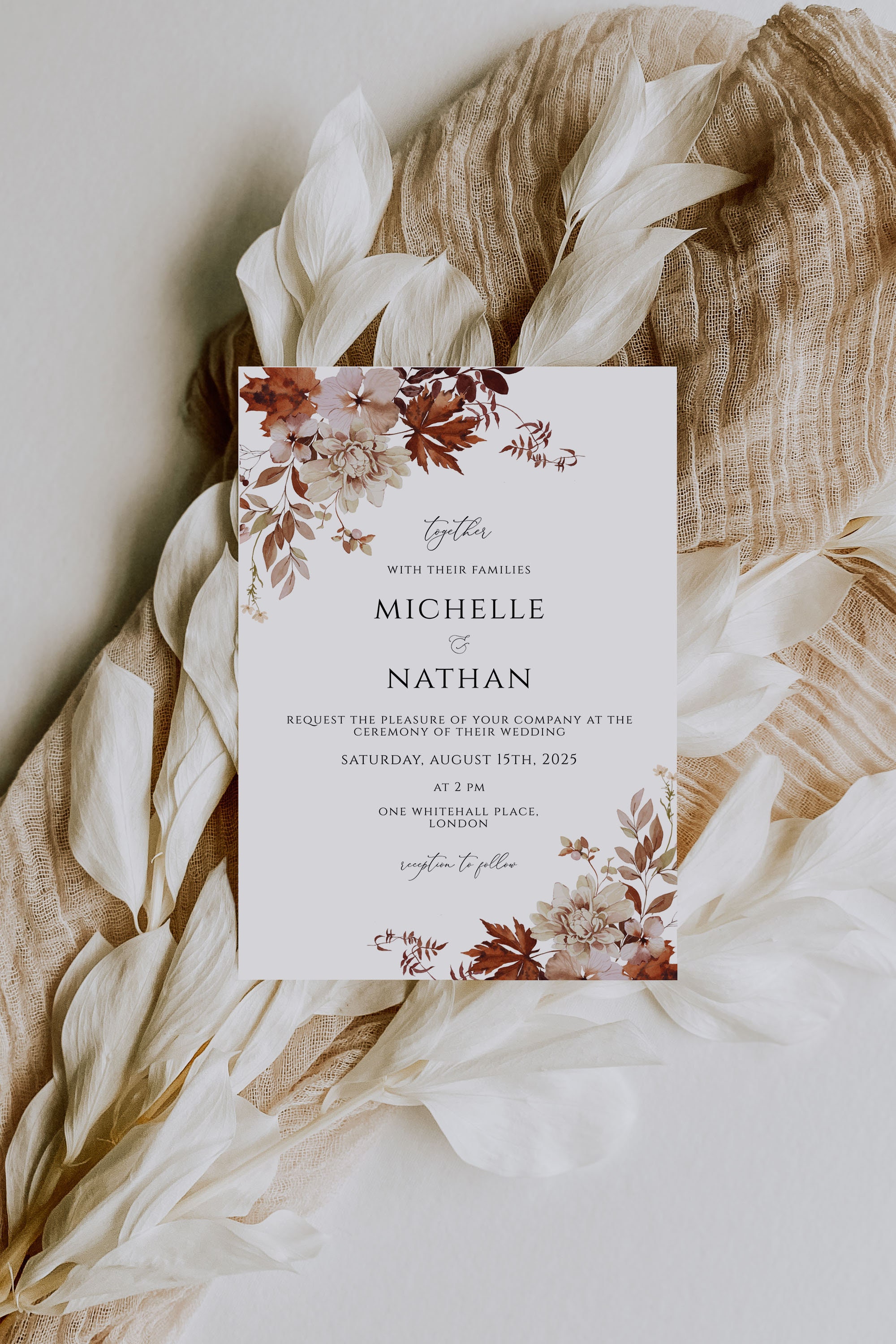 Rustic Fall Wedding Invitation Template, Autumn Floral (download ...