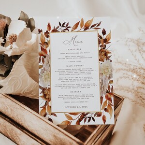 Fall Autumn Wedding Menu Card Template 5x7", Autumn Leaves, Bridal ...