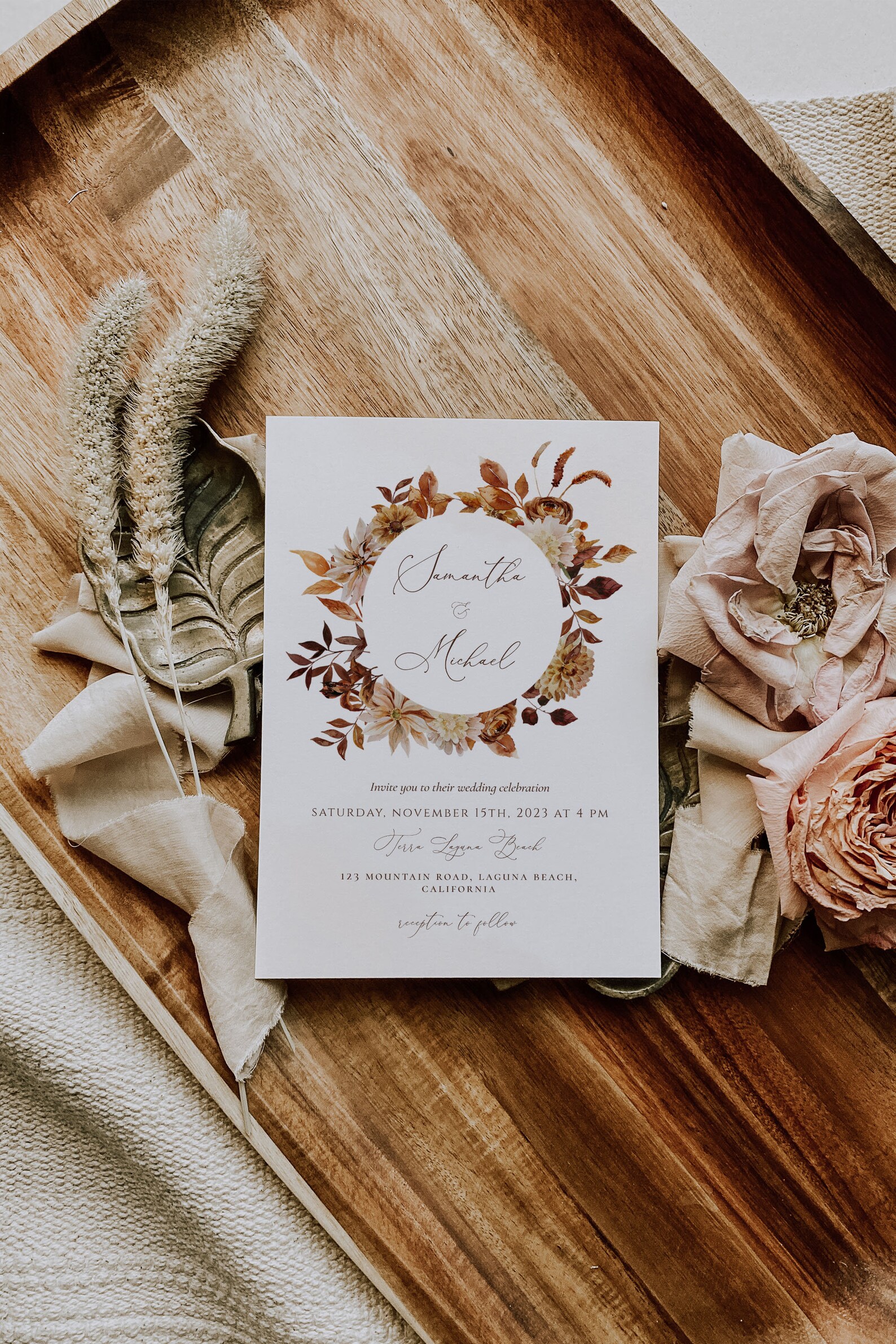 Rustic Fall Wedding Invitation Template Autumn Leaves and - Etsy