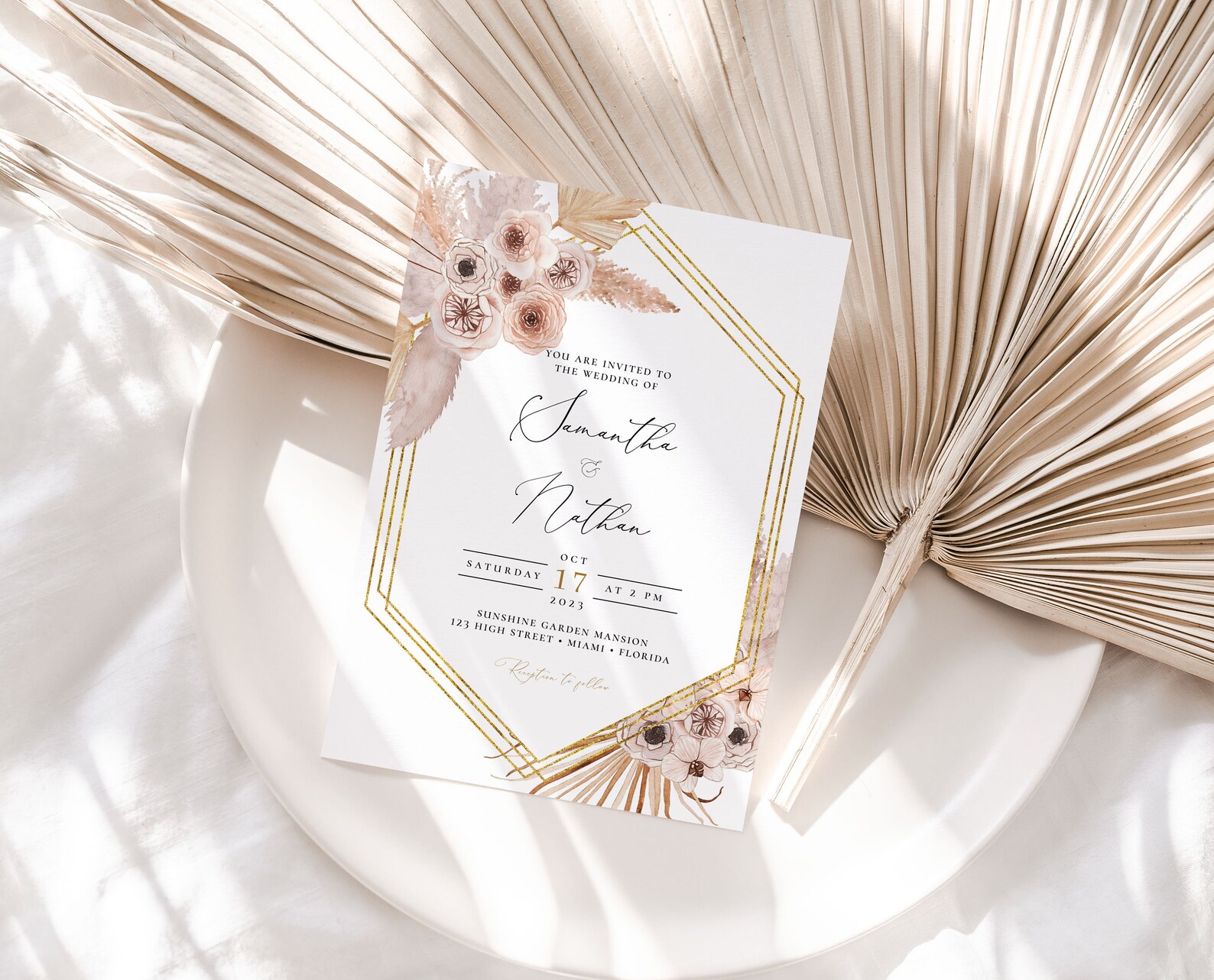 Geometric Boho Wedding Invitation Editable Templates, Pampas Grass ...