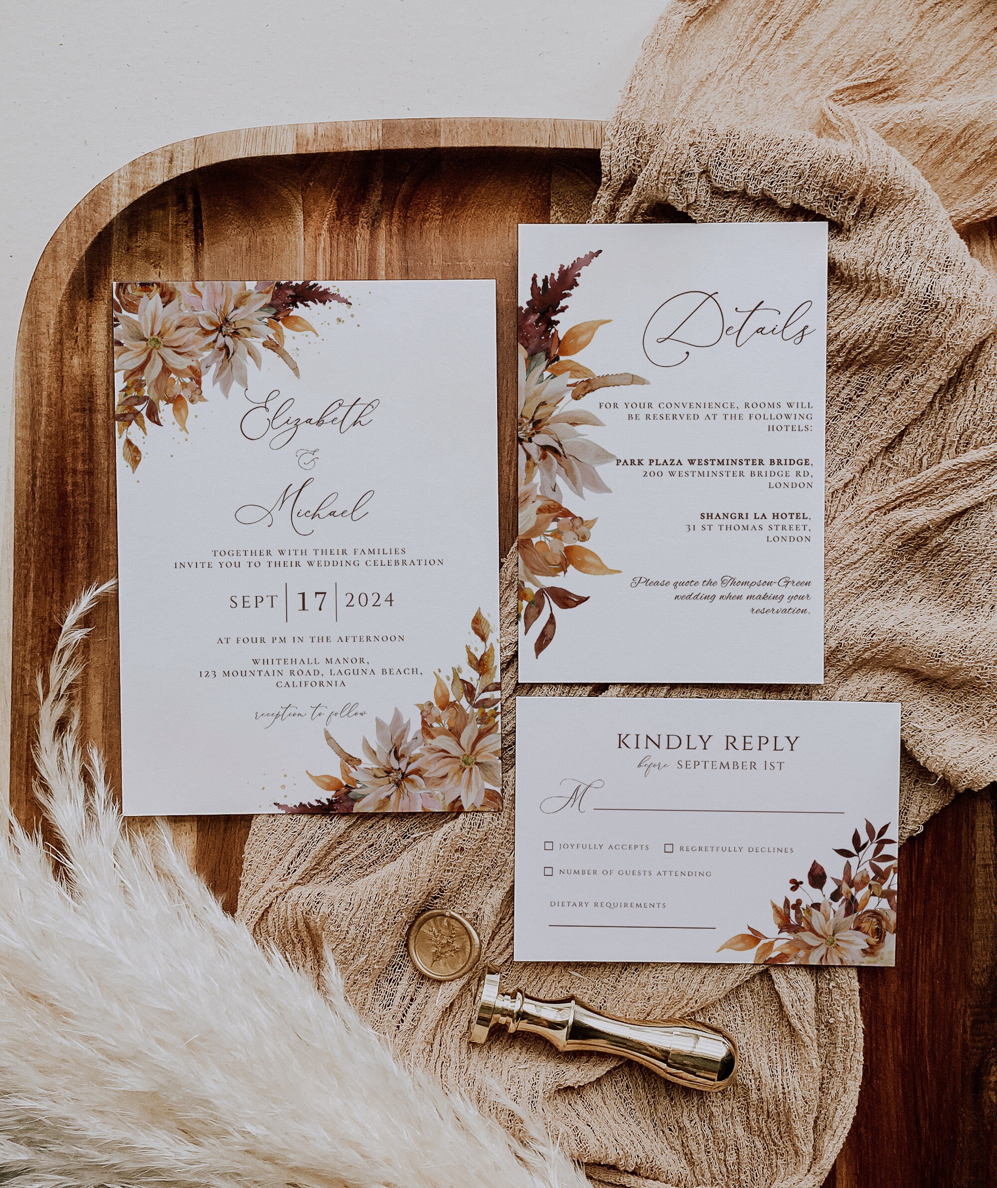 BOHO Fall Wedding Invitation Template Autumn Leaves and | Etsy
