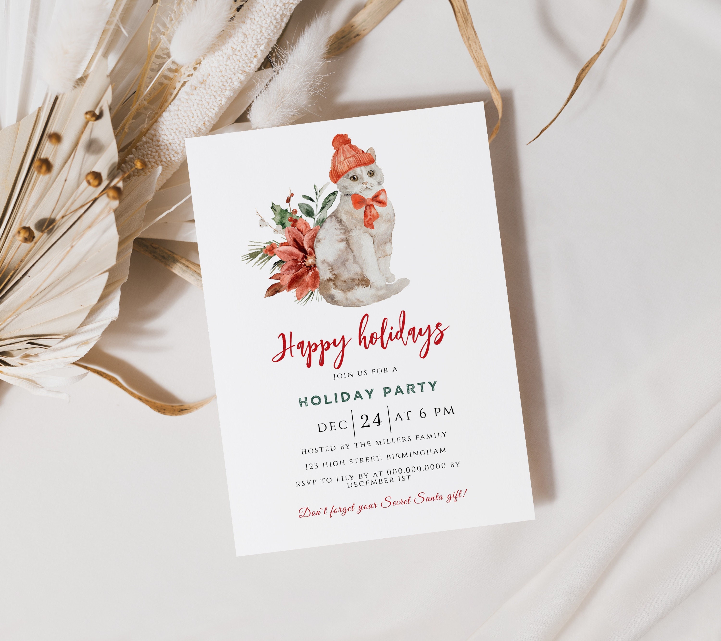 Christmas Invitation Card Template, Editable Holly Christmas Invite ...