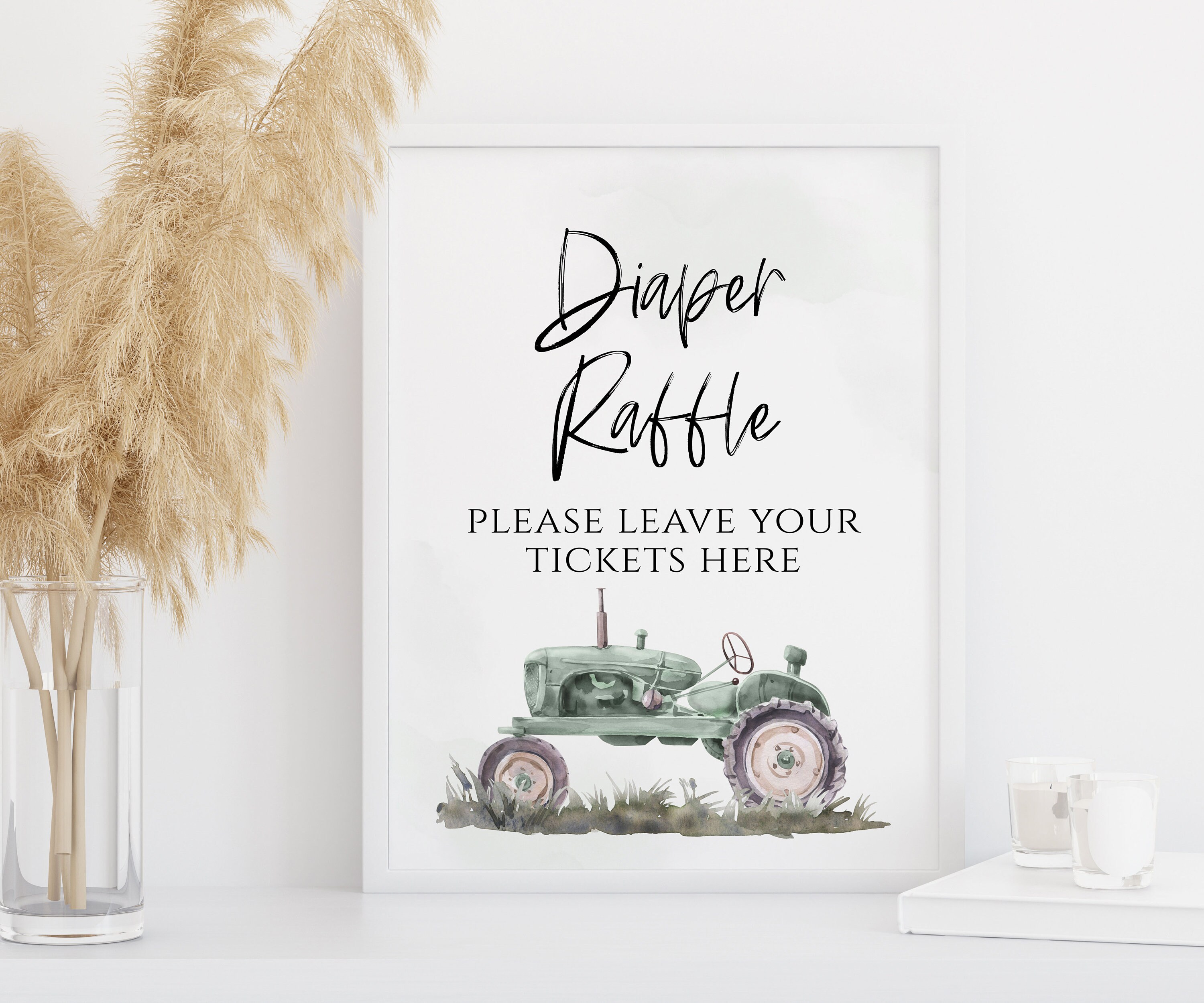 Green Tractor Baby Shower Sign Diaper Raffle Template 8x10, Boho Farm ...