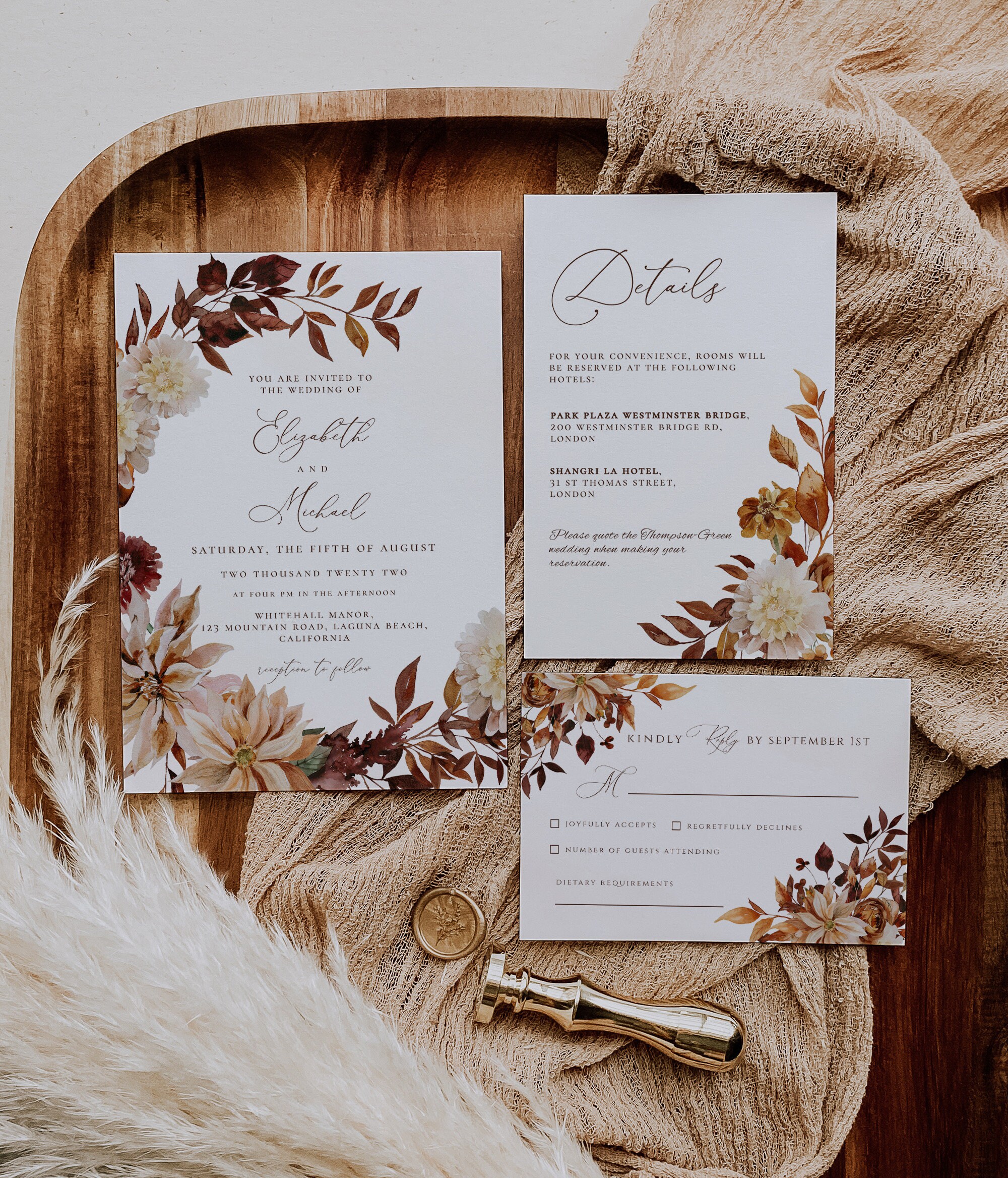 BOHO Fall Wedding Invitation Template Autumn Leaves and - Etsy