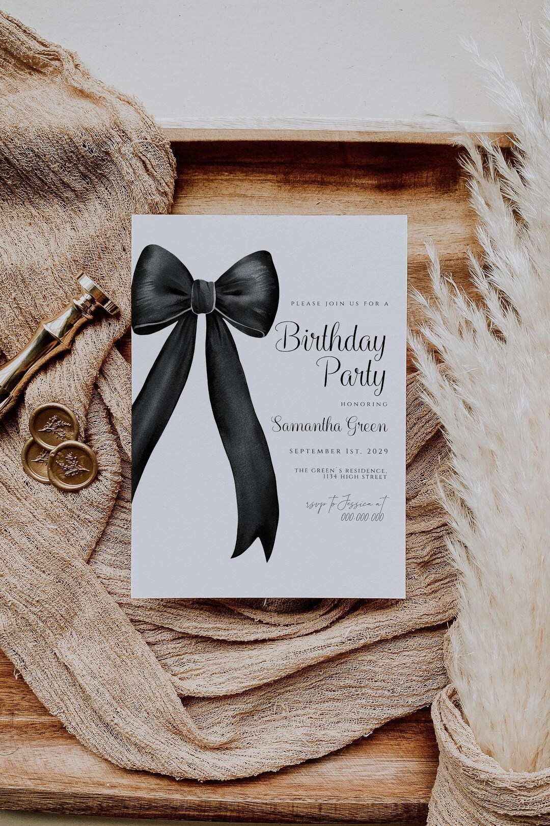 Editable Birthday Invitation, Black Bow Birthday Printable Invite ...