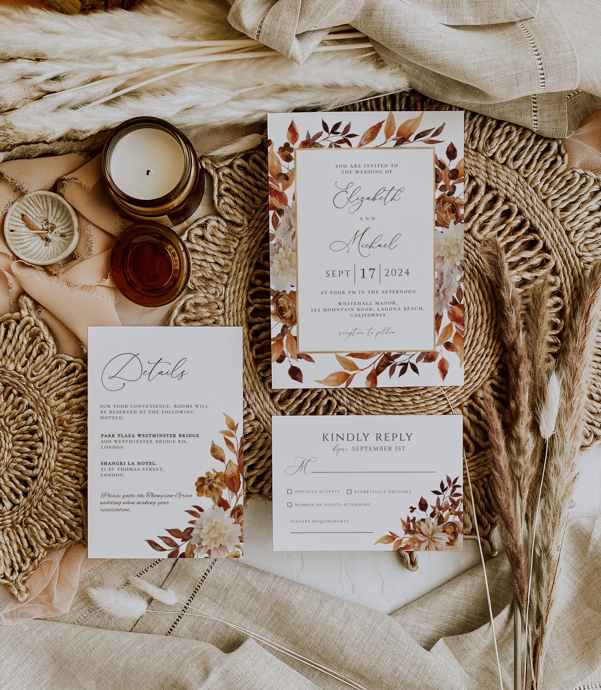 BOHO Fall Wedding Invitation Template Autumn Leaves and - Etsy