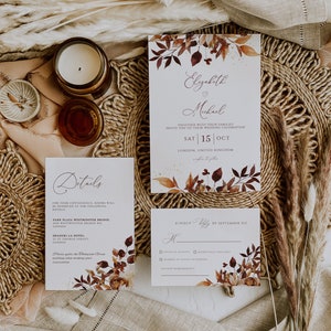 BOHO Fall Wedding Invitation Template, Autumn Leaves and Greenery ...