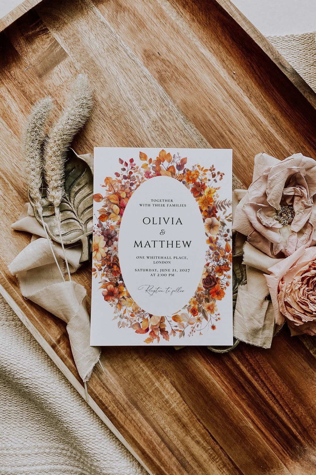 Fall Autumn Wedding Invitation Card Template, Rustic Terracotta Invite ...