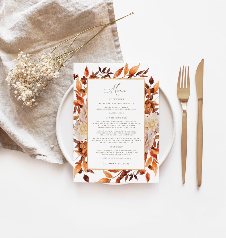 Fall Autumn Wedding Menu Card Template 5x7, Autumn Leaves, Bridal Shower Menu, Brunch, Dinner ...