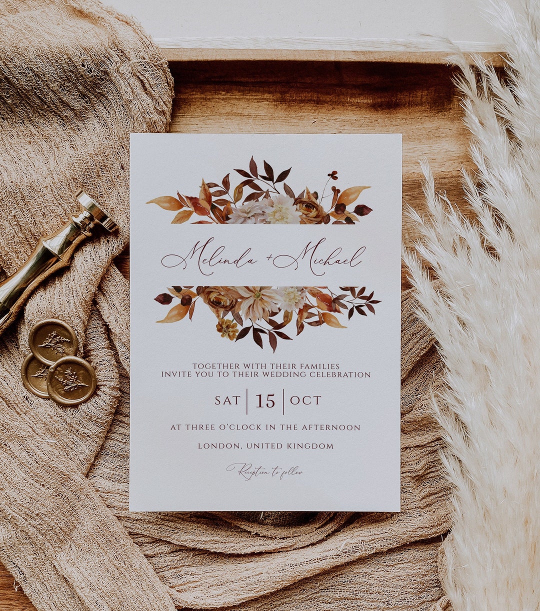 Rustic Fall Wedding Invitation Template Autumn Leaves and - Etsy