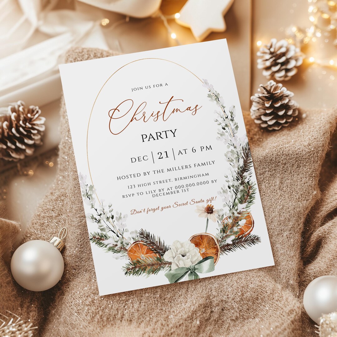 Editable Christmas Party Invitation Template, Winter Floral (instant ...