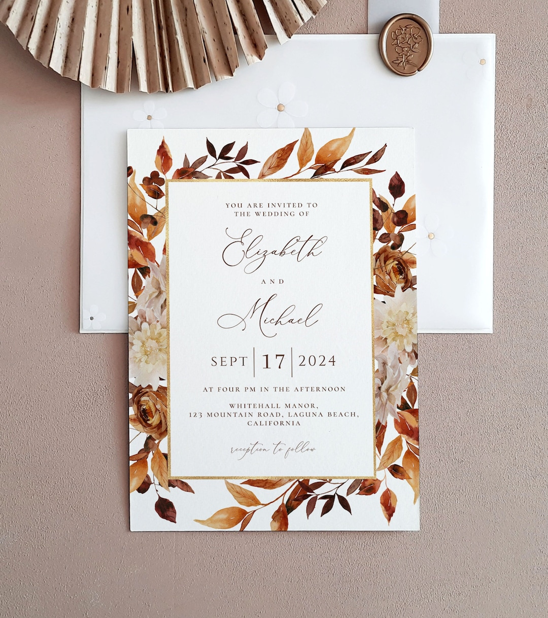 Rustic Fall Wedding Invitation Template, Autumn Leaves (download ...