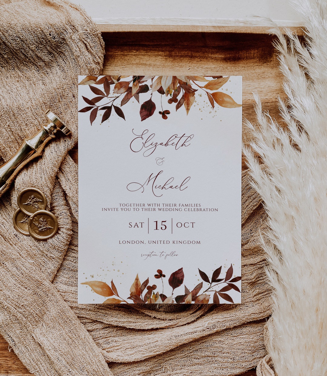 Rustic Fall Wedding Invitation Template Autumn Leaves and - Etsy