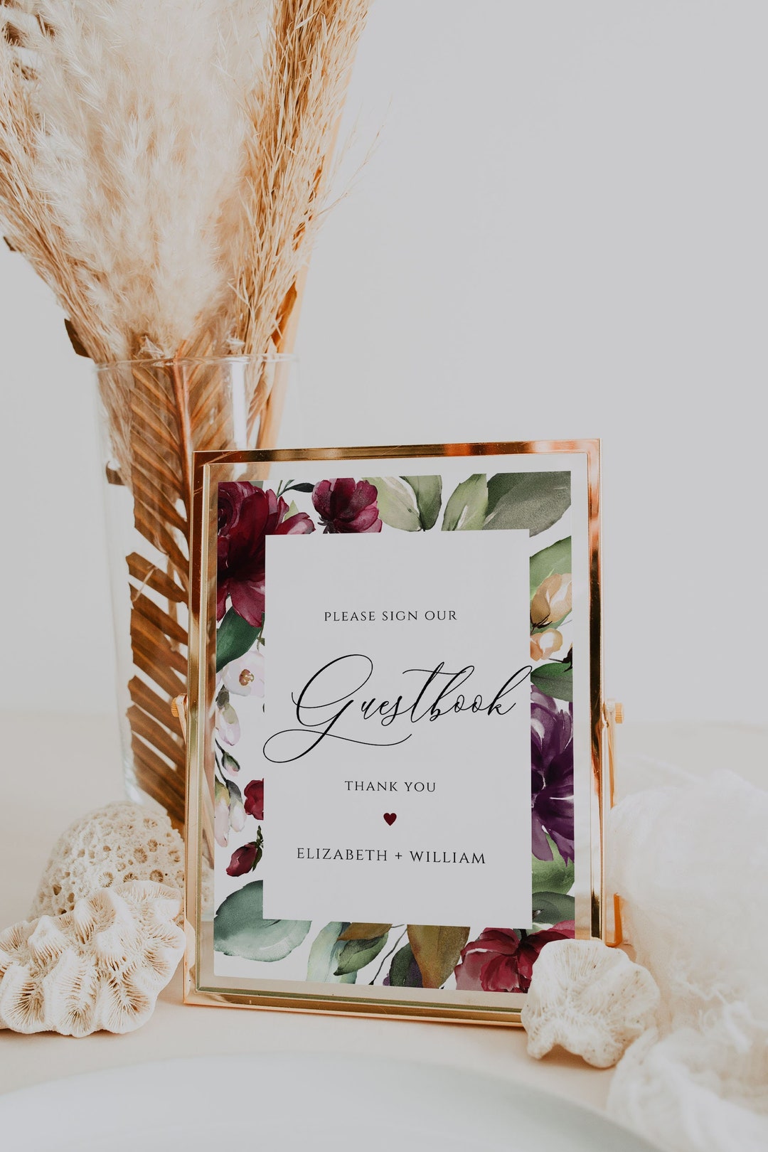 Burgundy Wedding Guestbook Sign Template, Modern Please Sign Our ...