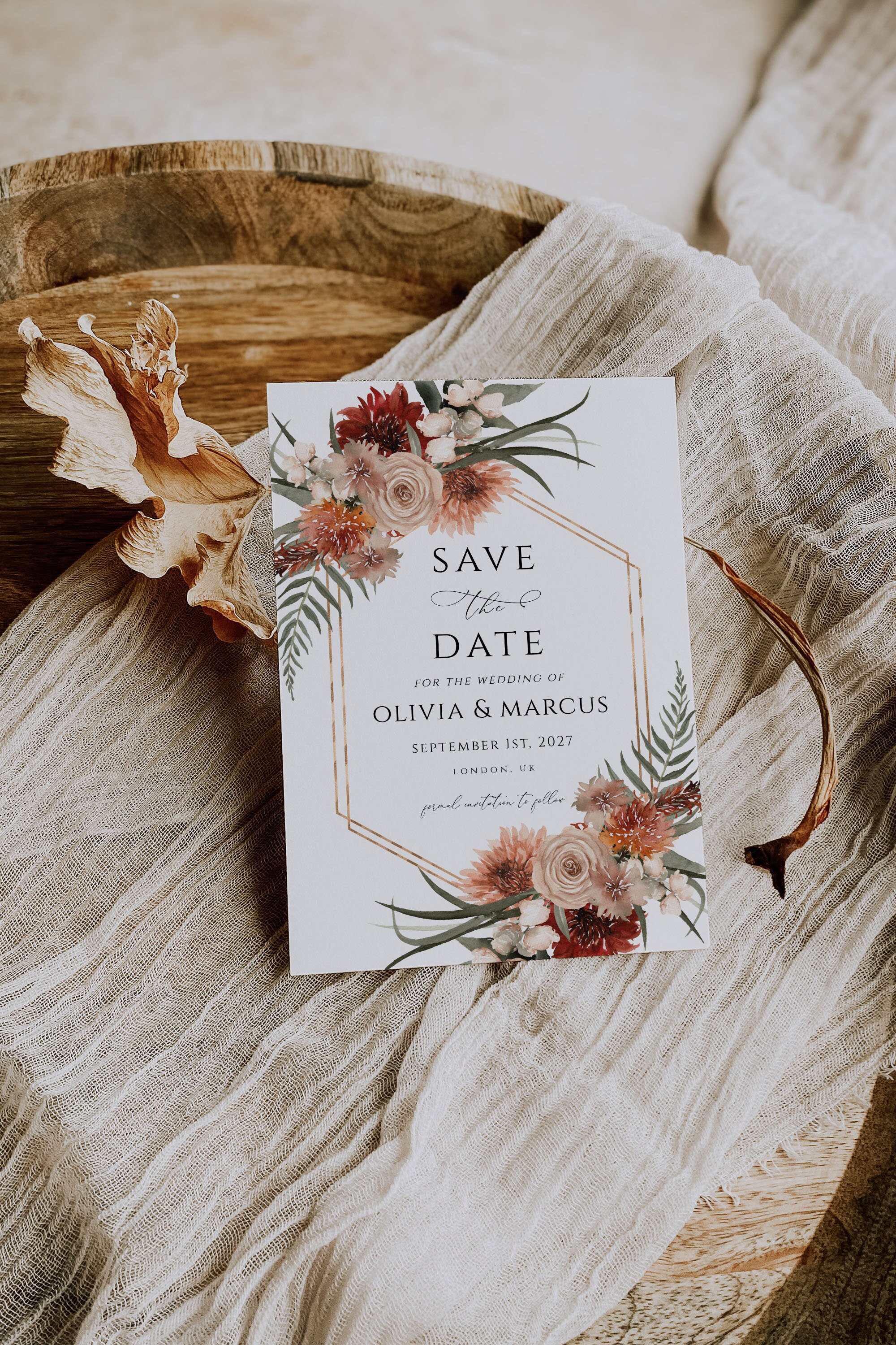 Rustic Floral Save the Date Template, Editable Terracotta (digital ...