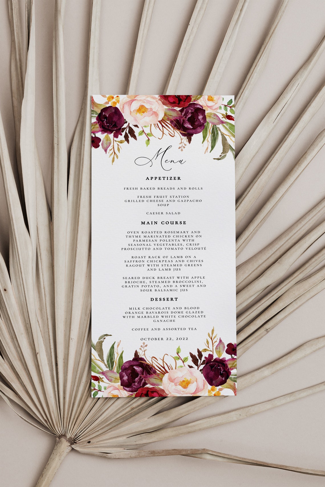 4x9 Printable Menu Card Burgundy Wedding Menu Bridal Shower | Etsy