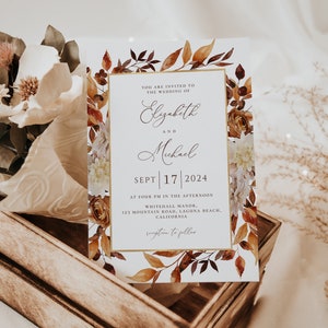 BOHO Fall Wedding Invitation Template, Autumn Leaves and Greenery ...
