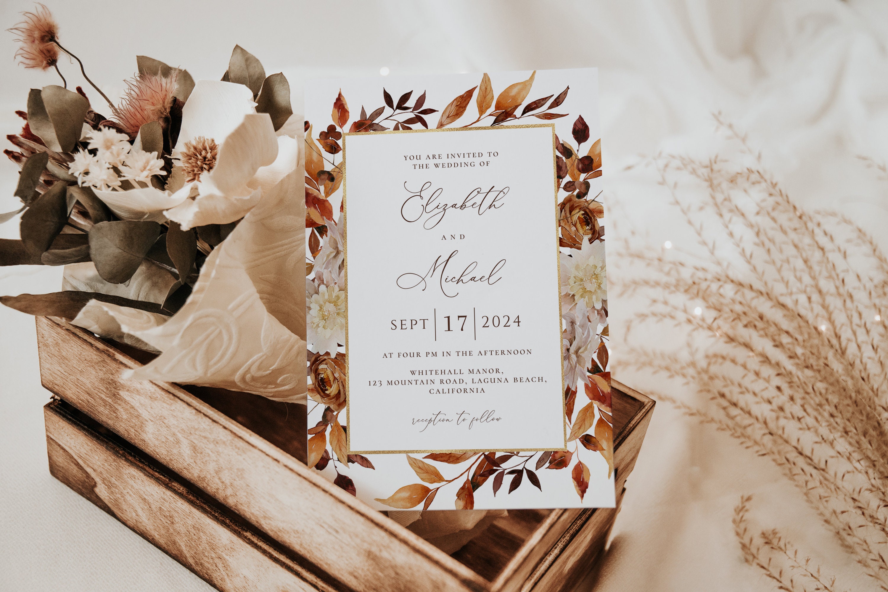 BOHO Fall Wedding Invitation Template Autumn Leaves and - Etsy