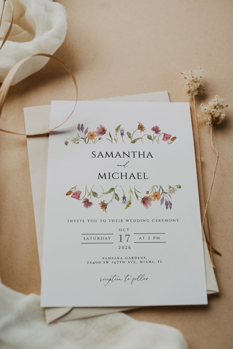 Wildflower Wedding Invitation Card Template Summer Spring - Etsy