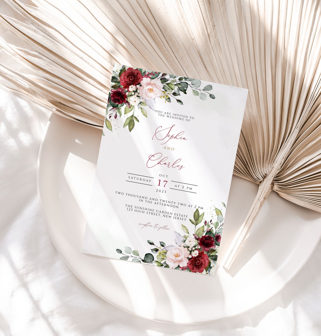 Burgundy Wedding Invitation Template, Boho Watercolor Greenery Wedding ...