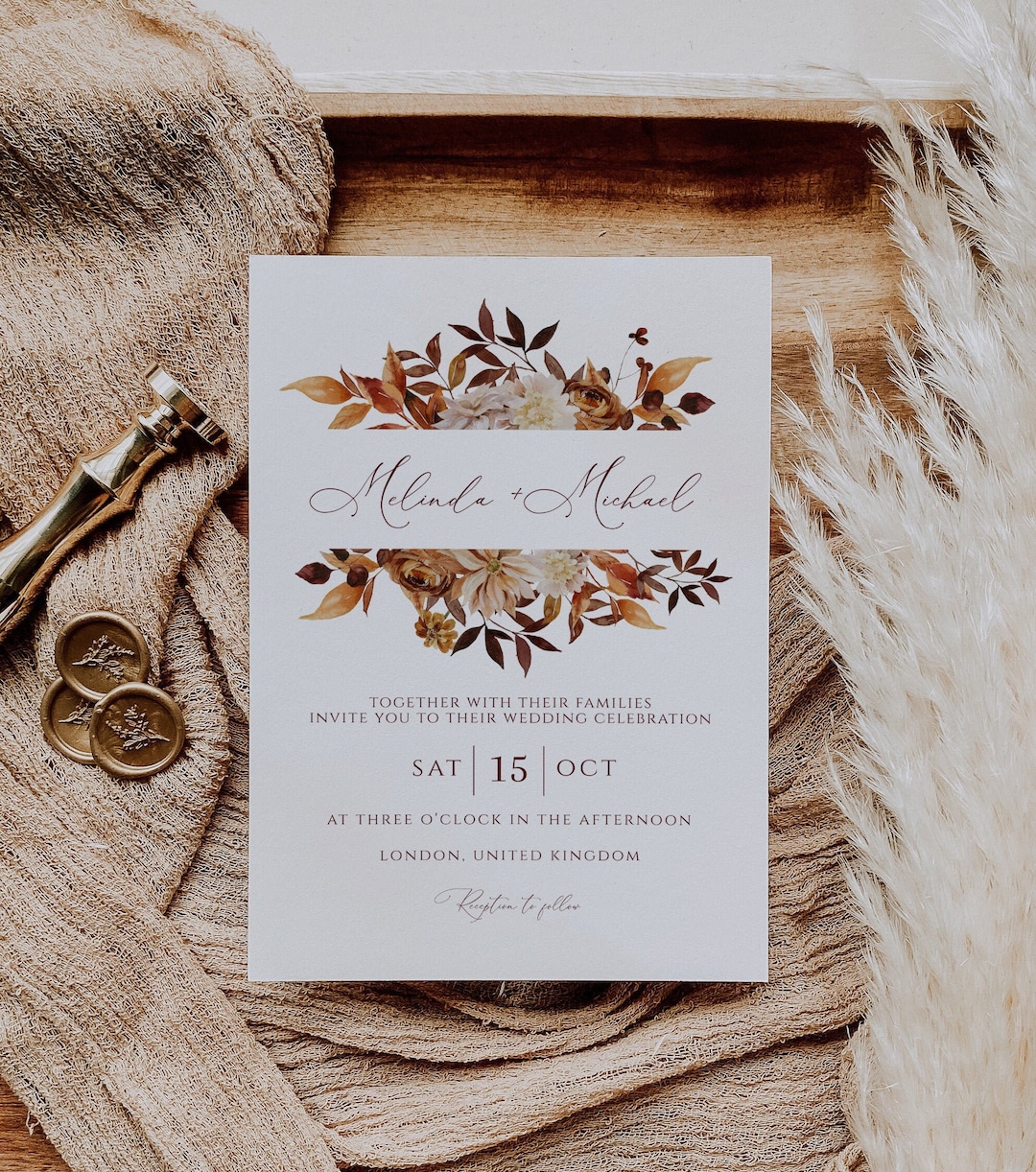 Rustic Fall Wedding Invitation Template, Autumn Leaves and Greenery ...