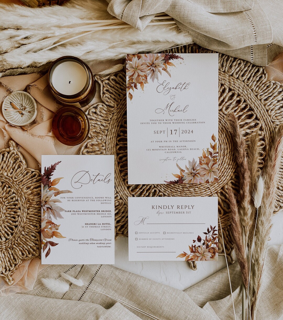 BOHO Fall Wedding Invitation Template, Autumn Leaves and Greenery ...