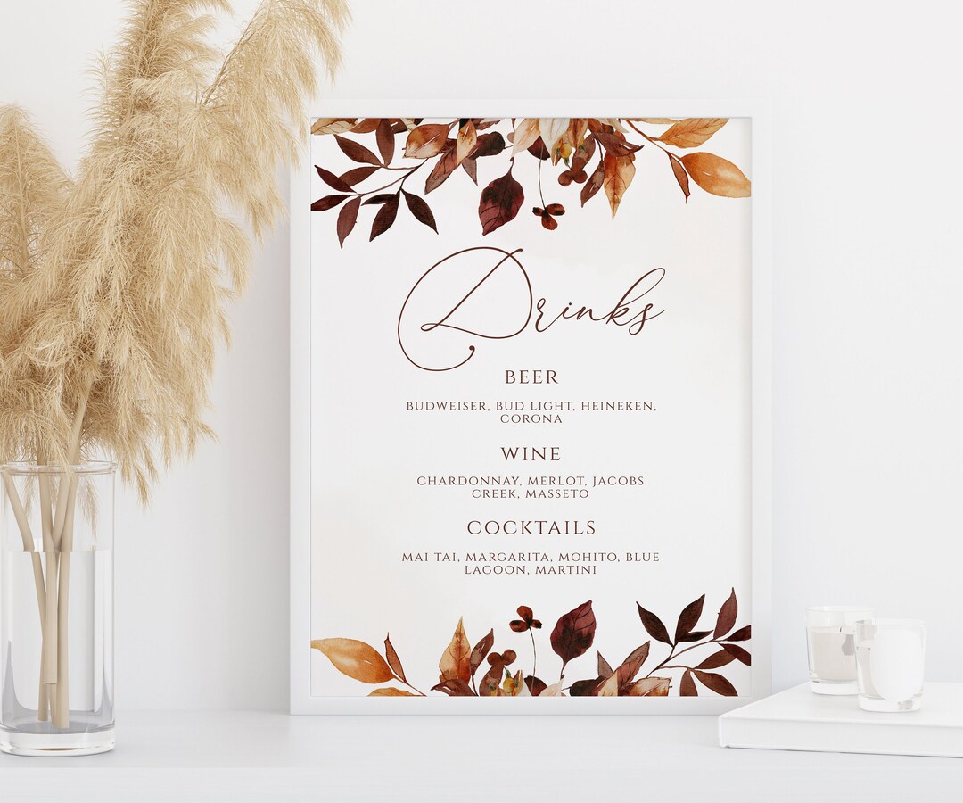 Autumn Wedding Drinks Sign Template 8x10", Editable Printable Autumn ...