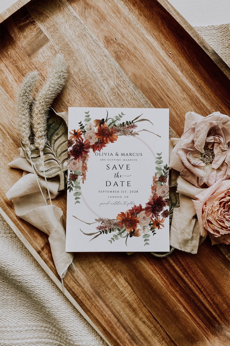 Rustic Floral Save the Date Card Template, Fall Wedding (digital ...